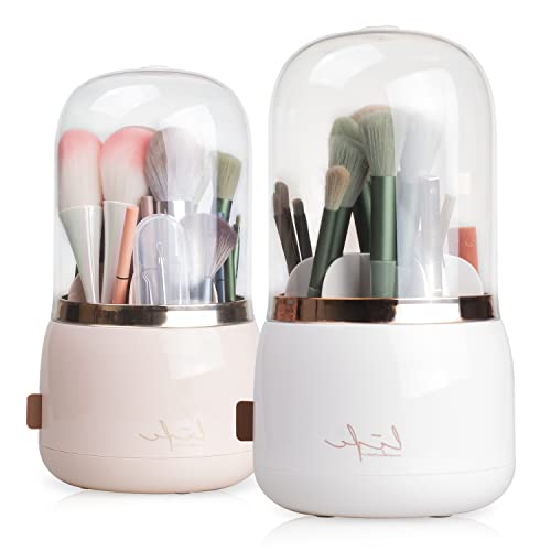 Y.duck Pink Makeup Brush Holder with Lid - 360 Rotating Makeup Organizer for Vanity - Dustproof Make Up Organizers and Storage-With Makeup Brush Cleaner Mat (White)