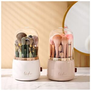 Y.duck Pink Makeup Brush Holder with Lid - 360 Rotating Makeup Organizer for Vanity - Dustproof Make Up Organizers and Storage-With Makeup Brush Cleaner Mat (White)