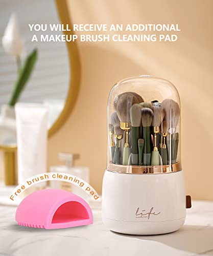 Y.duck Pink Makeup Brush Holder with Lid - 360 Rotating Makeup Organizer for Vanity - Dustproof Make Up Organizers and Storage-With Makeup Brush Cleaner Mat (White)