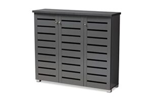 baxton studio adalwin modern and contemporary dark gray 3-door wooden entryway shoe storage cabinet