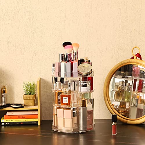 Cq acrylic 360 Degree Rotating Makeup Organizer for Bathroom,4 Tier Adjustable Spinning Cosmetic Storage Cases and Make Up Holder Display Cases,Clear