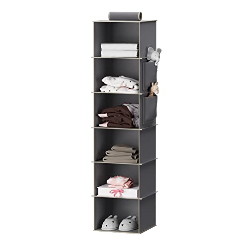 YOUDENOVA Hanging Closet Organizer, 6-Shelf Closet Hanging Storage Shelves, Black, Grey