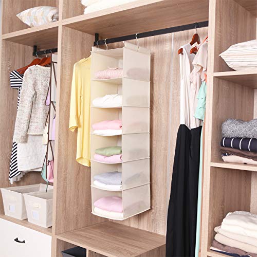 MAX Houser 6 Tier Shelf Hanging Closet Organizer, Closet Hanging Shelf with 2 Sturdy Hooks for Storage, Foldable,Beige and Grey-D3