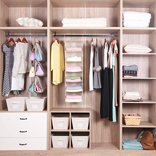 MAX Houser 6 Tier Shelf Hanging Closet Organizer, Closet Hanging Shelf with 2 Sturdy Hooks for Storage, Foldable,Beige and Grey-D3