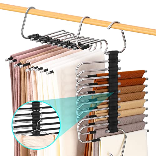 LAOYBLES Upgrade 9 Layers Pants Hangers Space Saving for Closet 2 Pack Hanger Organizer for Jeans Non Slip (Black)