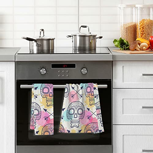 ALAZA Sugar Skull Mexican Day of The Dead Hand Towels for Bathroom 1OO% Cotton 2 pcs Face Towel 16 x 28 inch, Absorbent Soft & Skin-Friendly