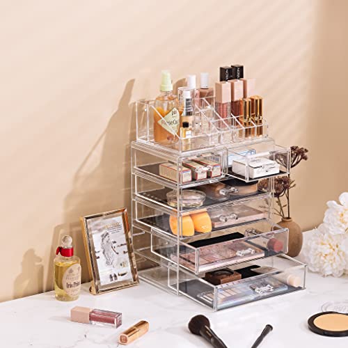 Sorbus Clear Cosmetic Makeup Organizer - Make Up & Jewelry Storage, Case & Display - Spacious Design - Great Holder for Dresser, Bathroom, Vanity & Countertop (4 Large, 2 Small Drawers)