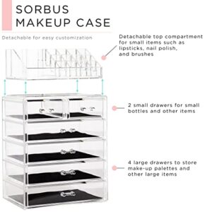 Sorbus Clear Cosmetic Makeup Organizer - Make Up & Jewelry Storage, Case & Display - Spacious Design - Great Holder for Dresser, Bathroom, Vanity & Countertop (4 Large, 2 Small Drawers)