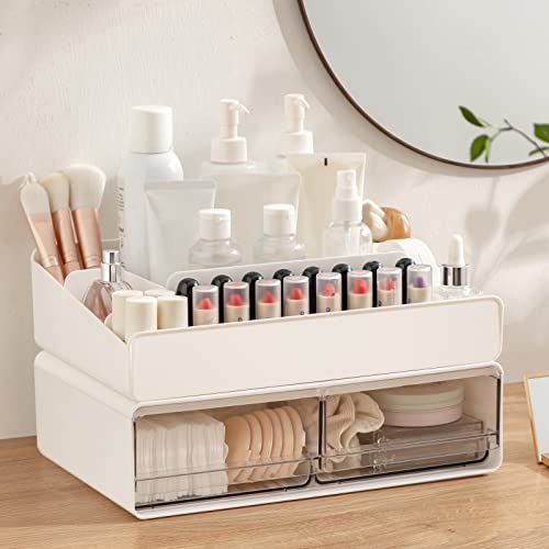 Makeup Organizer, 12-Inches Wide, 25-Compartment Holder for Cosmetics, Skin Care Products, Stackable Make Up Storage Organizer with 2 Drawers, Cosmetic Display Cases for Vanity Countertop Bathroom