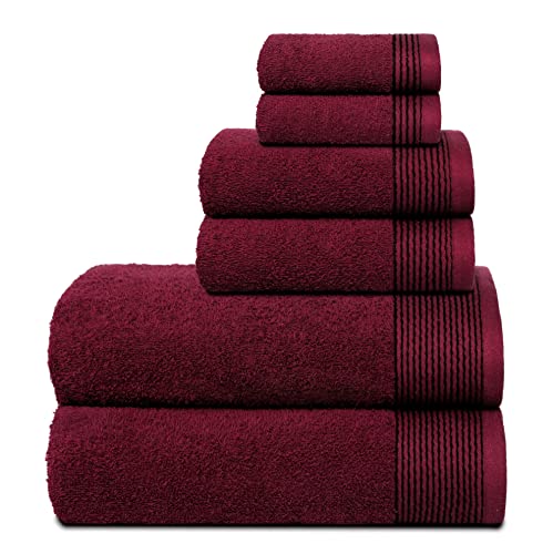 BELIZZI HOME 100% Cotton Ultra Soft 6 Pack Towel Set, Contains 2 Bath Towels 28x55 inchs, 2 Hand Towels 16x24 inchs & 2 Washcloths 12x12 inchs, Compact Lightweight & Highly Absorbant - Burgundy