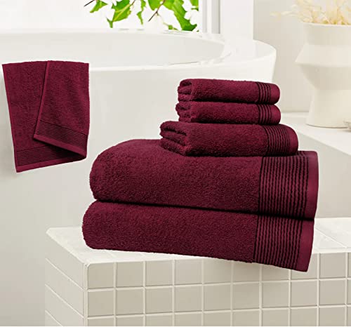 BELIZZI HOME 100% Cotton Ultra Soft 6 Pack Towel Set, Contains 2 Bath Towels 28x55 inchs, 2 Hand Towels 16x24 inchs & 2 Washcloths 12x12 inchs, Compact Lightweight & Highly Absorbant - Burgundy