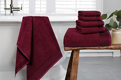 BELIZZI HOME 100% Cotton Ultra Soft 6 Pack Towel Set, Contains 2 Bath Towels 28x55 inchs, 2 Hand Towels 16x24 inchs & 2 Washcloths 12x12 inchs, Compact Lightweight & Highly Absorbant - Burgundy