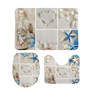 apular fashion 3 piece bath rugs set starfish seashells beach theme printed non slip ultra soft bathroom mats, u shape mat and toilet lid cover mat bath mats