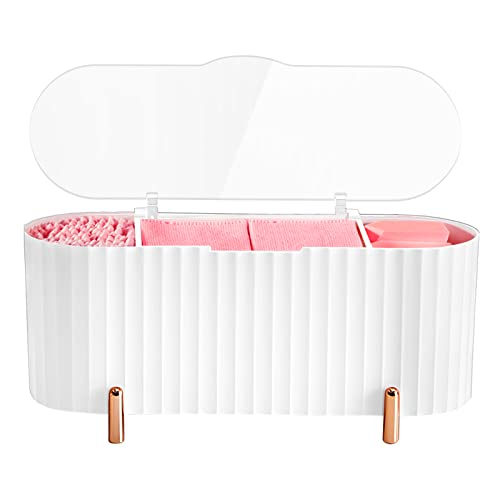 CGBE Qtips Holder, 3 Grids Separate Cotton Swabs Dispenser, Cotton Ball Holder with Clear Lid, Cotton Swab Holder Storage Box Bathroom Organizer for Cotton Pads Swabs Rounds Balls -White