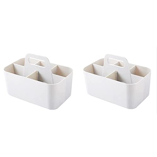 (2 Pack) Feadily Plastic Shower Caddy Portable, Portable Basket with Handle Storage Organizer, Stackable 5 Compartments, 9.76" x 6" x 6.7", White