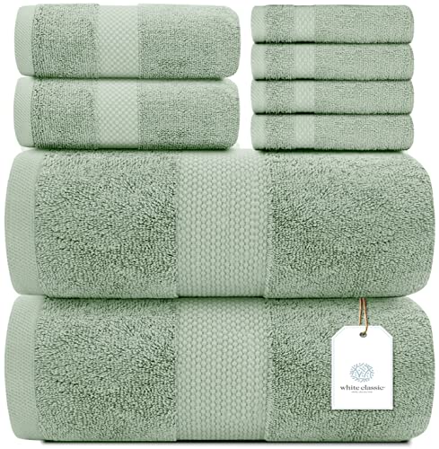 White Classic Luxury Green Bath Towel Set - Combed Cotton Hotel Quality Absorbent 8 Piece Towels | 2 Bath Towels | 2 Hand Towels | 4 Washcloths [Worth $72.95] 8 Pack | Green