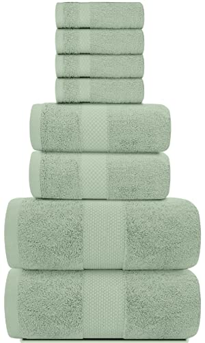 White Classic Luxury Green Bath Towel Set - Combed Cotton Hotel Quality Absorbent 8 Piece Towels | 2 Bath Towels | 2 Hand Towels | 4 Washcloths [Worth $72.95] 8 Pack | Green