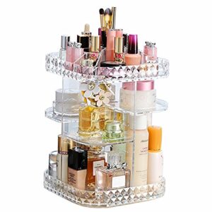 makeup organizer 360-degree rotating cosmetic storage box, diy adjustable large capacity cosmetics display case square makeup shelf with diamond pattern