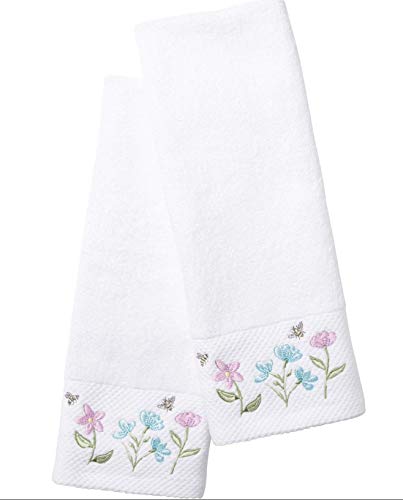 Deborah Connolly Hand Towels Embroidered Floral Garden Bee Set of 2 White Pink Cotton Kitchen Towels