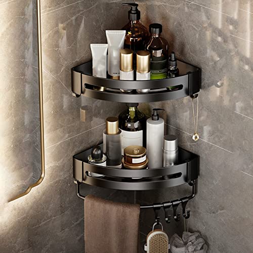 HOMHII Shower Caddy 2-Pack Aluminum Bathroom Organizer No Drilling Shower Shelves Black With Towel Bar And Removable Hooks