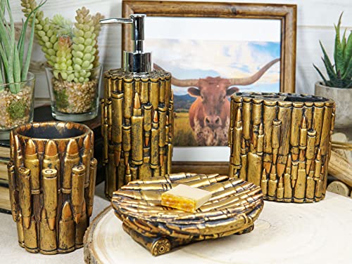 Ebros Gift Rustic Western Military Style Spherical Rifle Ammo Rounds Shells Gold Tone Bullets Bathroom Accessory (Liquid Soap Pump Dispenser, Tumbler Cup, Soap Dish and Toothbrush Holder Set of 4)