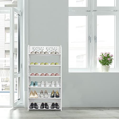 Stylish 6 Tier Wood-Plastic Shoe Rack Organizer with Carved Design - Elegant White Decorative Closet Shoe Storage Rack