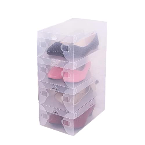 UtySty 4 Pack Foldable Shoe Boxes Clear Plastic Stackable Shoe Storage Organizer Clamshell Lady Boot Transparent Thickened Collapsible Woman’s Tidy up Save Space Men Kids