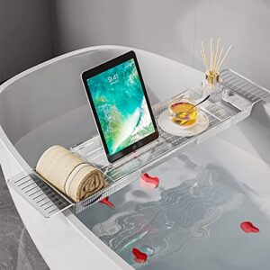 ollimy bath shelf bathtub tray, adjustable bathtub caddy tray storage rack - bathroom bathtub tray - expandable bath shelf fits all tubs (transparent)