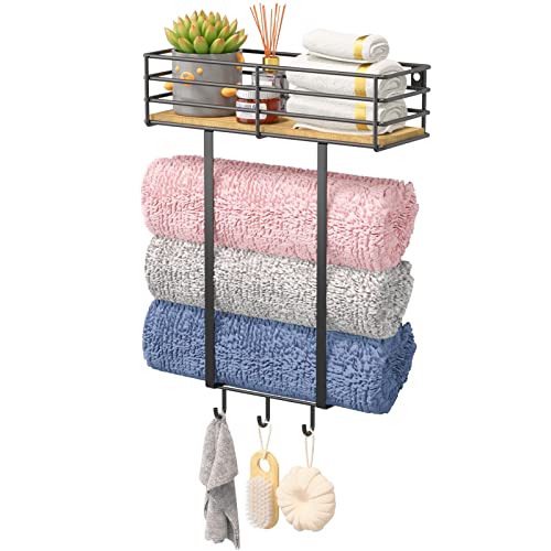 HOOOKIMM Towel Racks for Bathroom Wall Mounted, Towel Holder for Small Bathroom, Roll Towel Rack with Wooden Shelf and 3 Hooks, Bath Towel Storage, Bathroom Organizer Wall Decor for RV, Spa, Salon