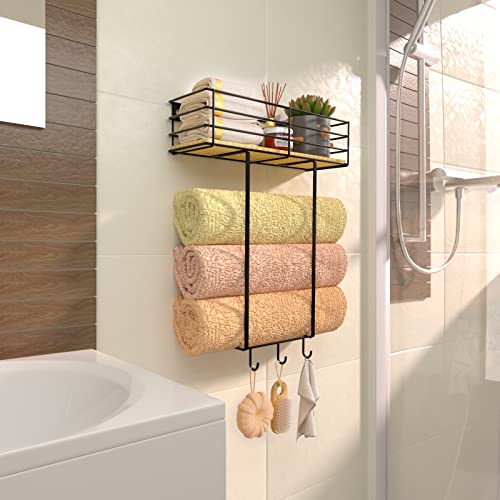 HOOOKIMM Towel Racks for Bathroom Wall Mounted, Towel Holder for Small Bathroom, Roll Towel Rack with Wooden Shelf and 3 Hooks, Bath Towel Storage, Bathroom Organizer Wall Decor for RV, Spa, Salon