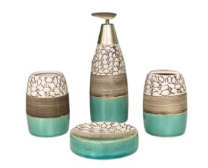 4 piece white stone bathroom accessory set - soap dispenser, soap dish, tumbler, & toothbrush holder (blue)