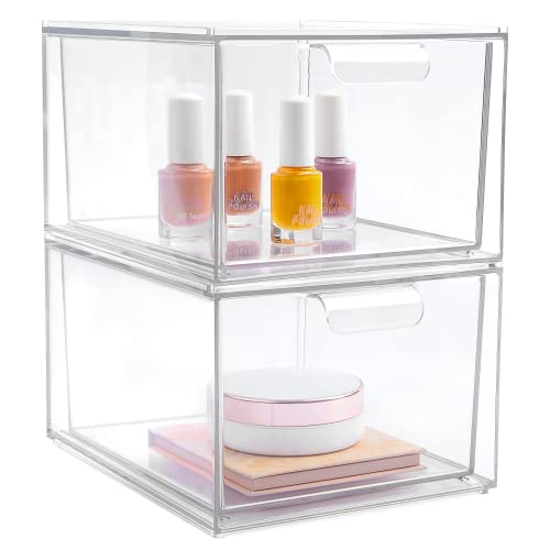 Vtopmart 2 Pack Stackable Makeup Organizer Storage Drawers, 4.4'' Tall Acrylic Bathroom Organizers，Clear Plastic Storage Bins For Vanity, Undersink, Kitchen Cabinets, Pantry Organization and Storage