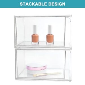 Vtopmart 2 Pack Stackable Makeup Organizer Storage Drawers, 4.4'' Tall Acrylic Bathroom Organizers，Clear Plastic Storage Bins For Vanity, Undersink, Kitchen Cabinets, Pantry Organization and Storage