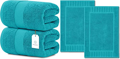 White Classic Luxury Bath Sheet Towels | 2 Pack Luxury Bath Mat | 2 Pack Bundle (Aqua)