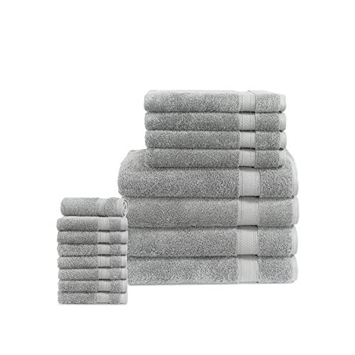 LANE LINEN 16 Piece Bath Towels Set - 100% Cotton for Bathroom Absorbent Luxury Towel Quick Dry Face 4 Hand 8 Wash Cloths Platinum