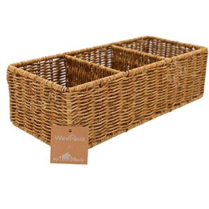 myhomebody wicker basket with 3 compartments | woven baskets for organizing | storage basket, toilet tank basket | bathroom counter organizer, bedroom organization | tan, 1pc