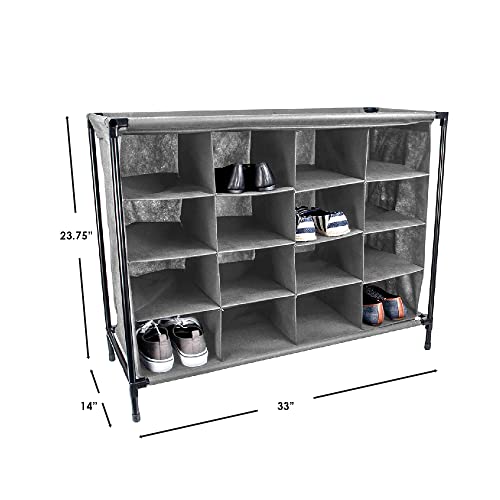 Sunbeam 4 Tier 16 Pair Shoe Rack Cubby Shelf Organizer Non Woven Polyester Fabric Portable and Durable Gray