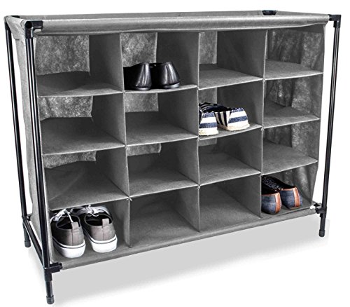 Sunbeam 4 Tier 16 Pair Shoe Rack Cubby Shelf Organizer Non Woven Polyester Fabric Portable and Durable Gray