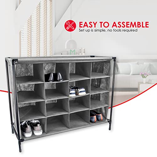 Sunbeam 4 Tier 16 Pair Shoe Rack Cubby Shelf Organizer Non Woven Polyester Fabric Portable and Durable Gray