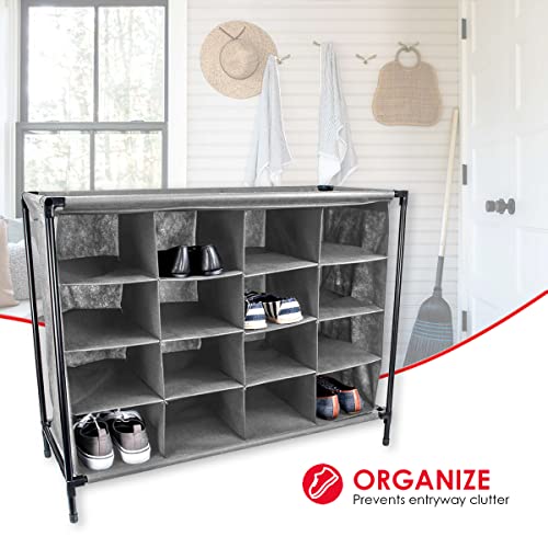 Sunbeam 4 Tier 16 Pair Shoe Rack Cubby Shelf Organizer Non Woven Polyester Fabric Portable and Durable Gray