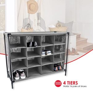 Sunbeam 4 Tier 16 Pair Shoe Rack Cubby Shelf Organizer Non Woven Polyester Fabric Portable and Durable Gray