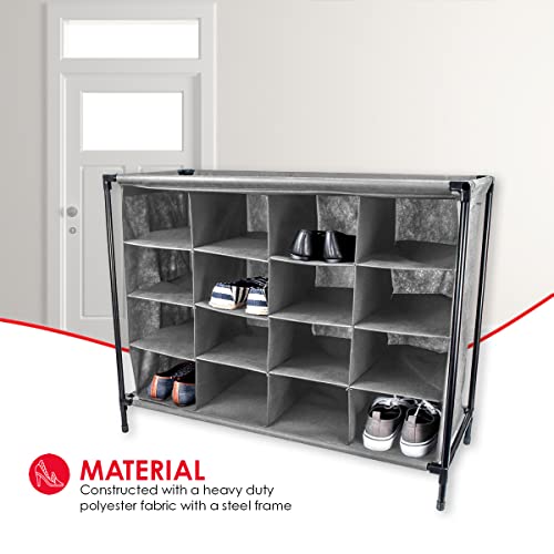 Sunbeam 4 Tier 16 Pair Shoe Rack Cubby Shelf Organizer Non Woven Polyester Fabric Portable and Durable Gray