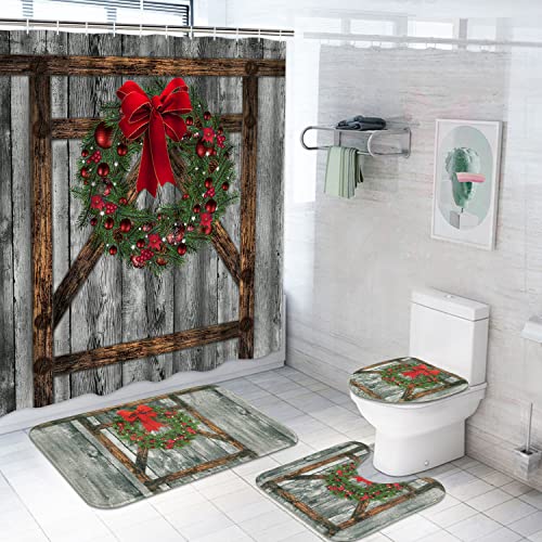 Likiyol 4 Pcs Christmas Wooden Door Shower Curtain Sets with Non-Slip Rugs, Toilet Lid Cover, Bath Mat and 12 Hooks, Christmas Bow Knot with Pine Cone Shower Curtain Christmas Bathroom Set