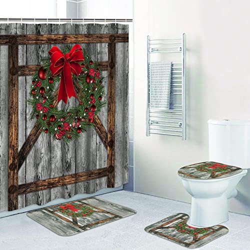 Likiyol 4 Pcs Christmas Wooden Door Shower Curtain Sets with Non-Slip Rugs, Toilet Lid Cover, Bath Mat and 12 Hooks, Christmas Bow Knot with Pine Cone Shower Curtain Christmas Bathroom Set