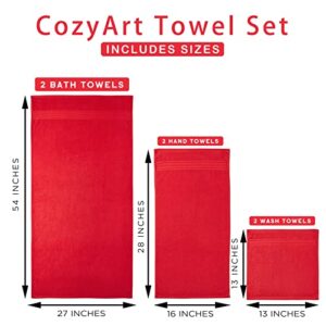 COZYART Red Bath Towels Set for Bathroom Soft Absorbent Durable 650 GSM Turkish Cotton Towel Set of 6, 2 Large Bath Towels, 2 Hand Towels, 2 Washclothes