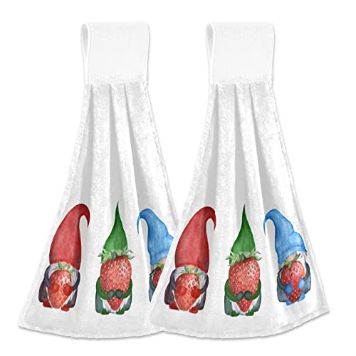 Lhammer Gnomes Strawberry Kitchen Towels Summer Mint Fresh Fruit Hanging Hand Towels for Bathroom Decor 2 Pack Beach Fingertips Tie Towels with Loop 12"x17"