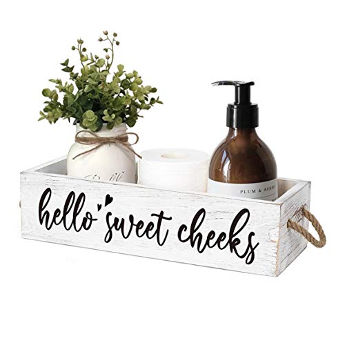 MayAvenue Farmhouse Bathroom Decor Box Hello Sweet Cheeks Double Sided Wooden Toilet Paper Holder Tissue Box with Handles, Bathroom Signs (White)