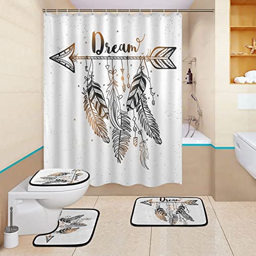 Oyihfvs Boho Ethnic Arrow and Beautiful Feathers Dream Cather 4 Pcs Shower Curtain with Matching Doormat Sets, Bath Curtain with Rugs(Bath Mat, U Shape Mat, Toilet Lid Cover Mat) with Hooks