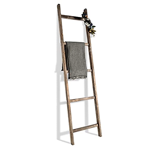 FUIN 6.3 Ft (76") Rustic Blanket Ladder Holder Farmhouse Wood Decorative Wall Leaning Quilt Towel Display Bathroom Rack, Light Brown