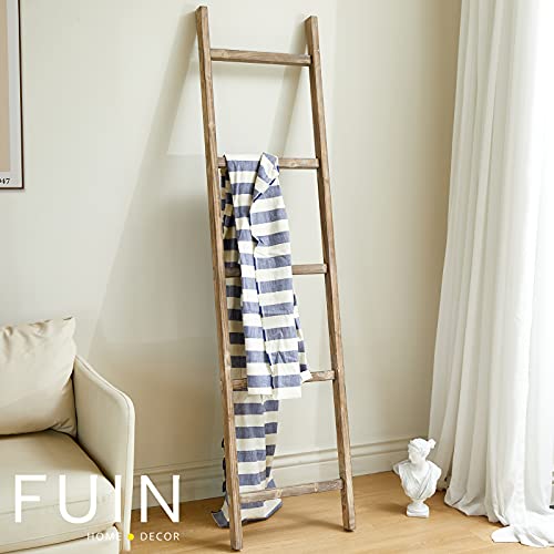 FUIN 6.3 Ft (76") Rustic Blanket Ladder Holder Farmhouse Wood Decorative Wall Leaning Quilt Towel Display Bathroom Rack, Light Brown